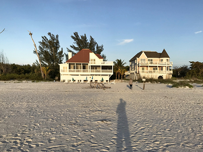 Beach houses stand sentinel on pristine shores, their weathered charm telling stories of countless sunsets and family gatherings through the years.