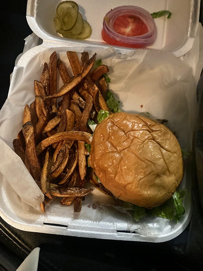 Fresh-cut veggies and hand-formed patties prove that sometimes the simplest pleasures are the most satisfying, especially with those golden fries alongside.