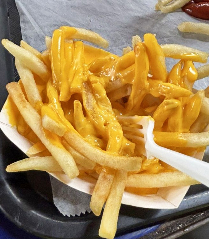 Cheese fries that require a commitment &ndash; crispy outside, fluffy inside, and blanketed with melted cheese that stretches with each delicious pull.