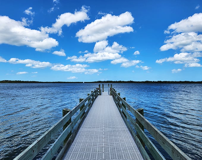 This wooden pier extends like an invitation into Mosquito Lagoon, offering prime spots for fishing, dolphin-watching, or simply daydreaming.