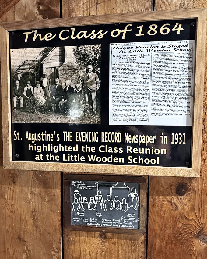 A historical display captures the 1864 class reunion, proving that school nostalgia has been around far longer than Facebook.
