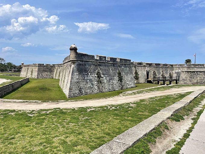 The imposing bastion walls absorbed cannonballs like nature's bubble wrap, thanks to the spongy coquina stone construction.