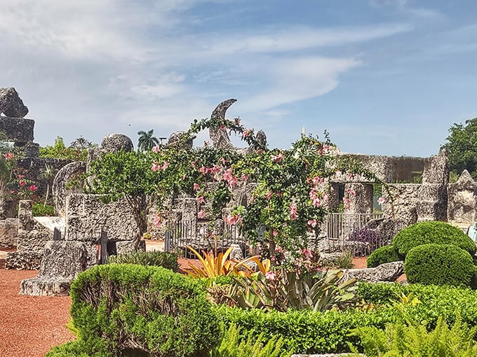 Lush greenery softens the stone landscape, creating a striking contrast between man-made precision and nature's organic beauty.