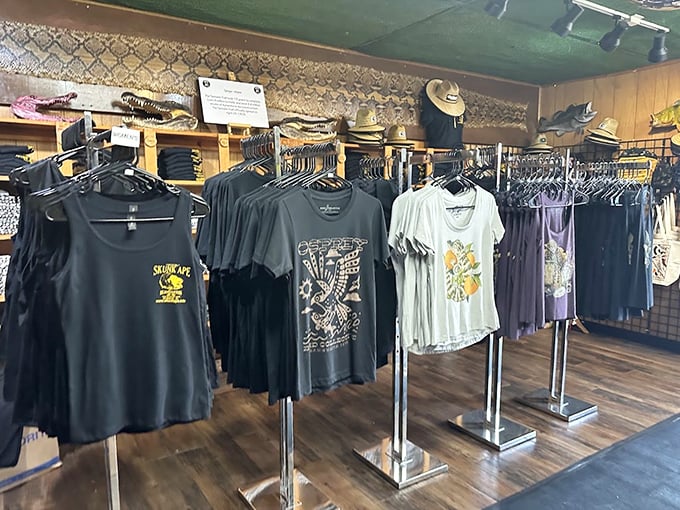 The gift shop's apparel display offers the perfect souvenir &ndash; because nothing says "Florida vacation" like a Skunk Ape t-shirt for the folks back home.