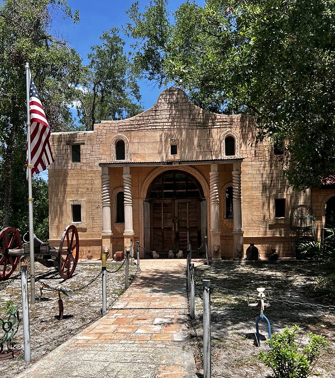 The Alamo-inspired structure adds yet another layer to this architectural layer cake of historical references and artistic whimsy.