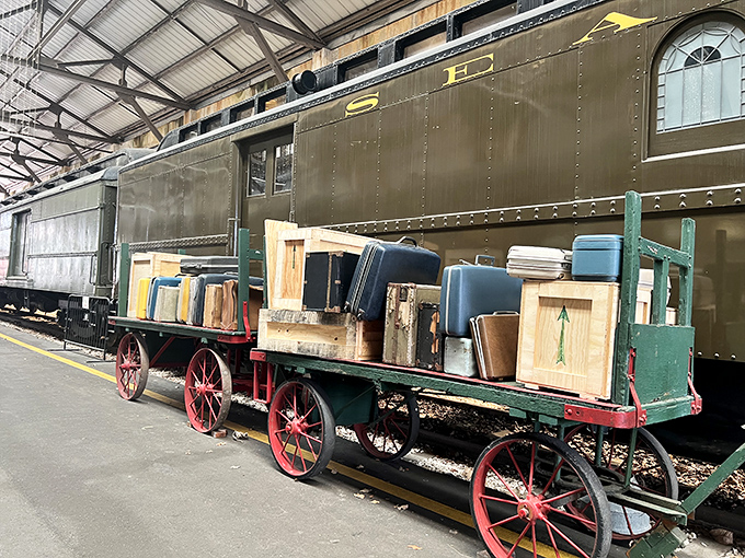 This vintage luggage cart could tell stories of countless journeys, its wooden platform once piled high with steamer trunks and hatboxes of travelers past.