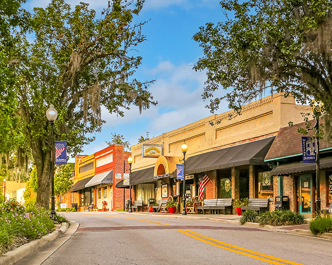 Morning light bathes Main Street in golden hues, transforming an already charming scene into something straight out of a painting.