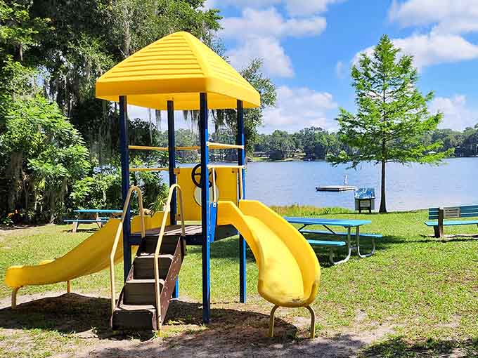 This cheerful playground proves that keeping kids entertained doesn't require bells, whistles, or a second mortgage to afford admission.