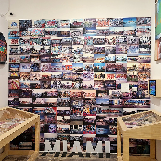 Miami Graffiti Photo Archive Wall: A mosaic of Miami's street art evolution tells the city's colorful story through unauthorized masterpieces that transformed neighborhoods one wall at a time.