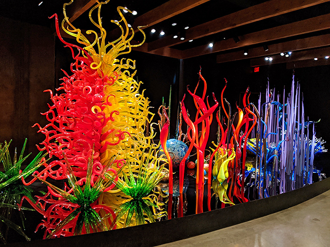 The Mille Fiori (thousand flowers) garden creates an impossible ecosystem where glass has replaced nature's materials but retained its wild beauty.