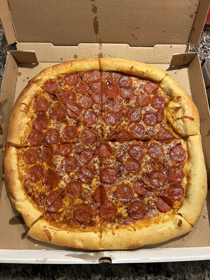 Classic pepperoni pizza executed with artisanal precision. Those perfectly crisped edges and evenly distributed toppings speak of pizza mastery.