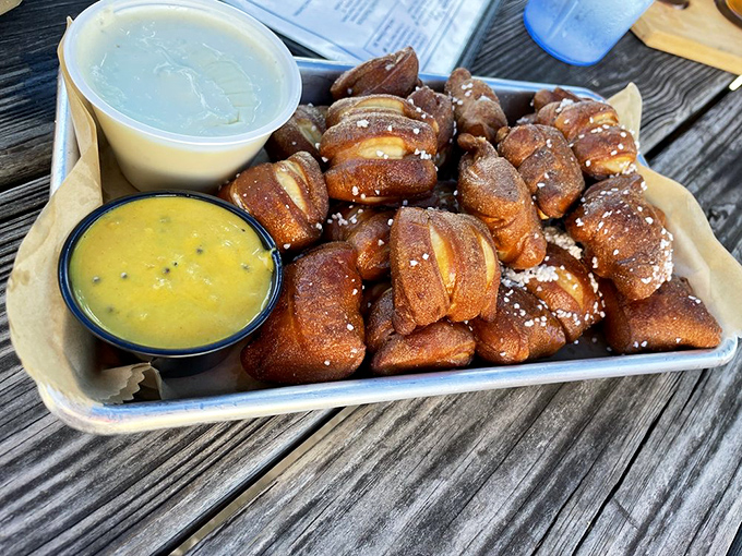 Golden-brown pretzel bites dusted with salt crystals await their inevitable dunk in beer cheese &ndash; carbs and dairy performing their perfect dance.