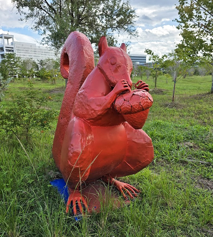 This crimson squirrel clutches its prized acorn, bringing a touch of woodland whimsy to the tropical landscape.