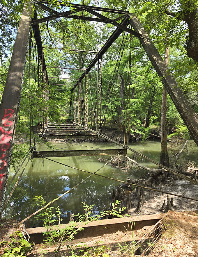 Rust paints the bridge in shades of amber and burgundy, nature's own artistic touch on this historic structure.