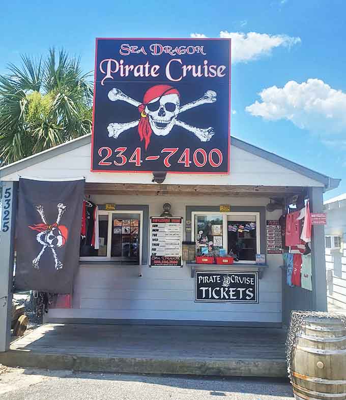 The ticket booth serves as your first portal into pirate life, complete with skull and crossbones that hint at adventures ahead.