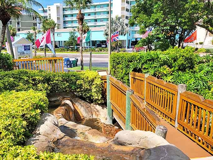 Rustic wooden bridges connect the course's islands of adventure, offering picturesque vantage points and the occasional tricky downhill putt.