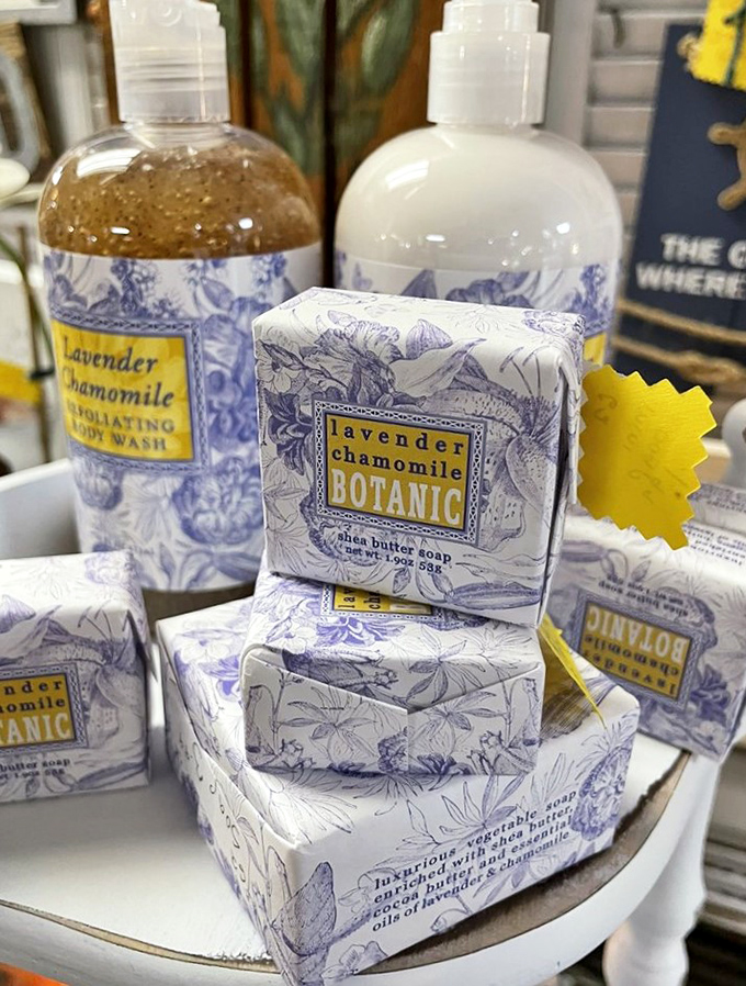 Lavender chamomile soaps and lotions offer a sensory respite among the antiques, their delicate packaging as appealing as their botanical fragrance.