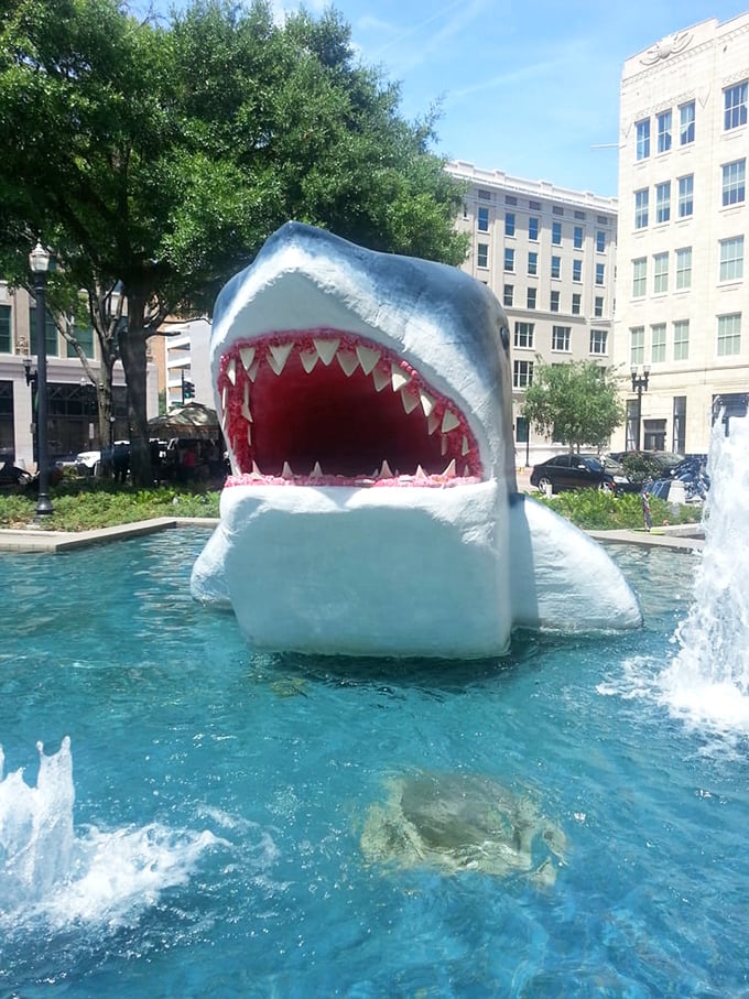 The shark sculpture emerges from turquoise waters, jaws agape as if ready to swallow unwary visitors. Florida's answer to the Loch Ness Monster!