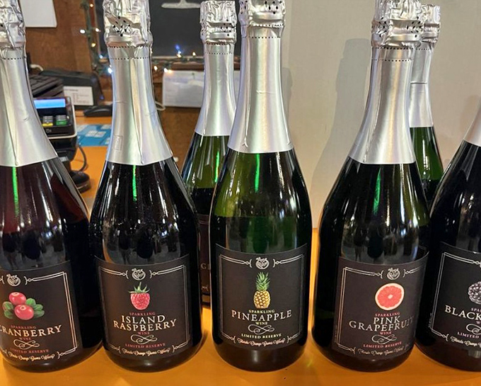 Sparkling wine selection: A lineup of effervescent fruit wines from raspberry to grapefruit, each promising a unique bubbly experience beyond traditional champagne.