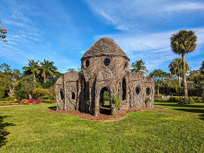 This whimsical woven structure looks like something the Three Little Pigs might build if they went to art school.