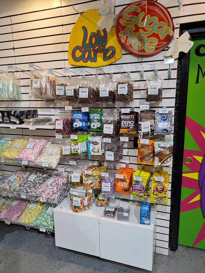 The low-carb section proves that even dietary restrictions can't stop you from experiencing candy joy—democracy in action, folks.
