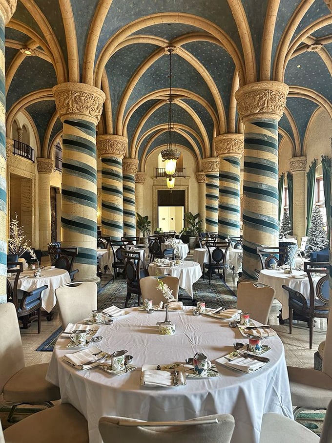 Dining under these striped columns feels like you've stumbled into a Wes Anderson film with better food and fewer daddy issues.