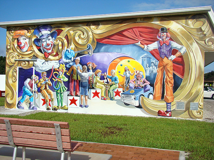 Toby's First Clown Class Mural Painted jesters and stilt-walkers remind us that sometimes the most serious business is making others laugh.