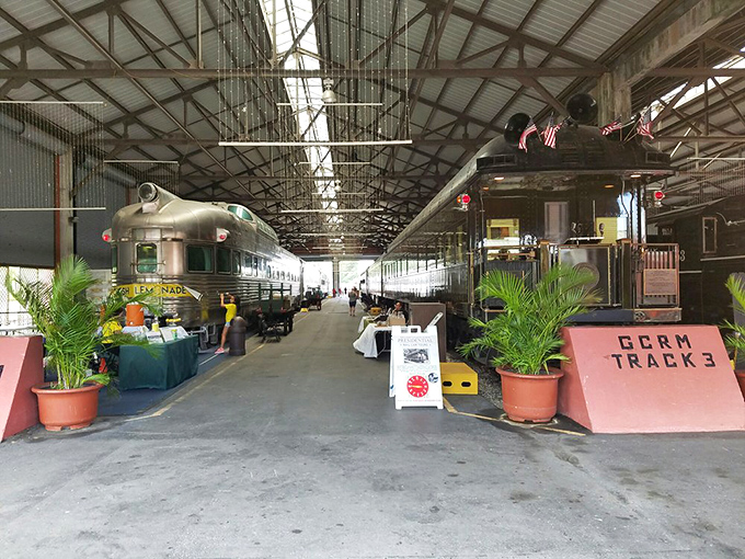 The museum's cavernous display area houses multiple historic trains, with the presidential railcar taking center stage.
