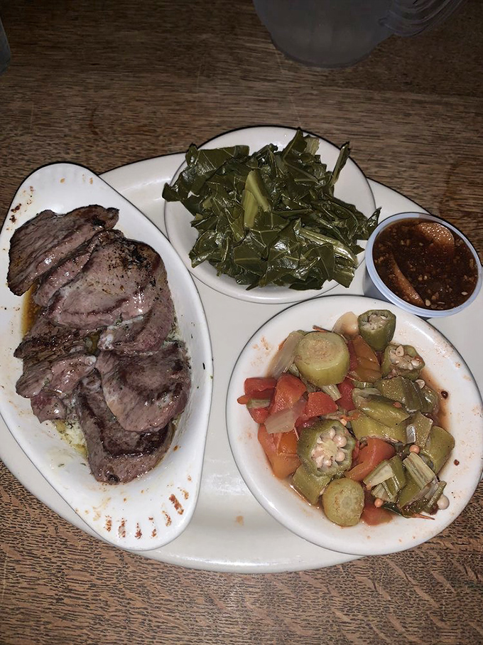Southern sides elevate the dining experience &ndash; collard greens, stewed okra and tomatoes complement the tender venison perfectly.