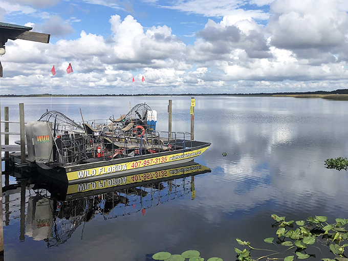 An airboat rests peacefully at the dock, its powerful fan ready to propel adventurers through the labyrinth of Florida's breathtaking wetlands.