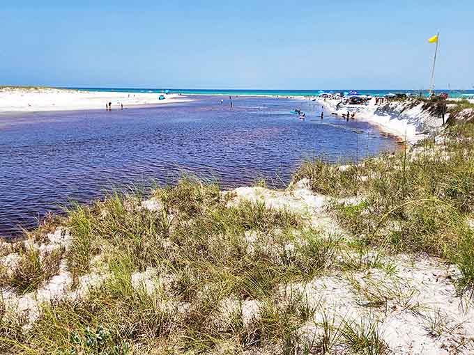 Western Lake's mirror-like surface reflects clouds and sky, a rare coastal dune lake where freshwater and saltwater occasionally mingle.