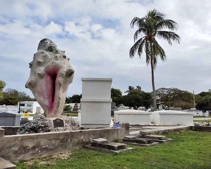 A curious conch shell grave marker exemplifies Key West's unique burial traditions &ndash; even in death, islanders maintain their distinctive style.