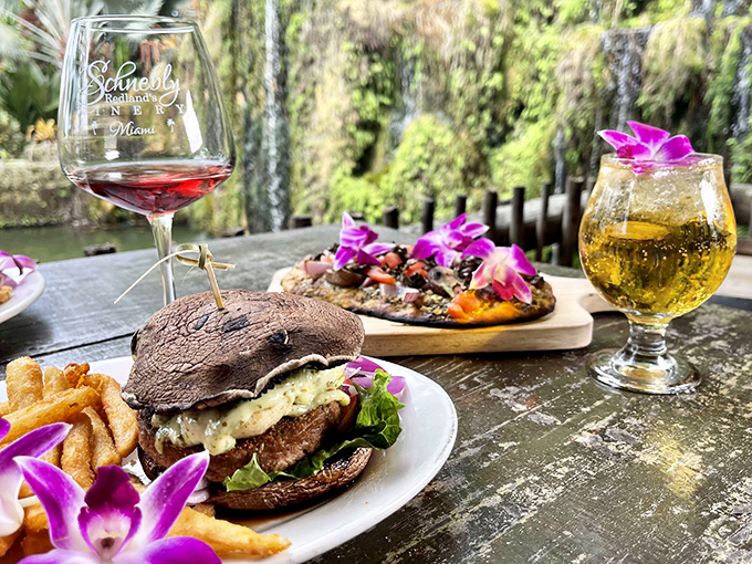 Waterfall dining at its finest: A portobello burger and tropical wine flight create the perfect Miami afternoon escape.