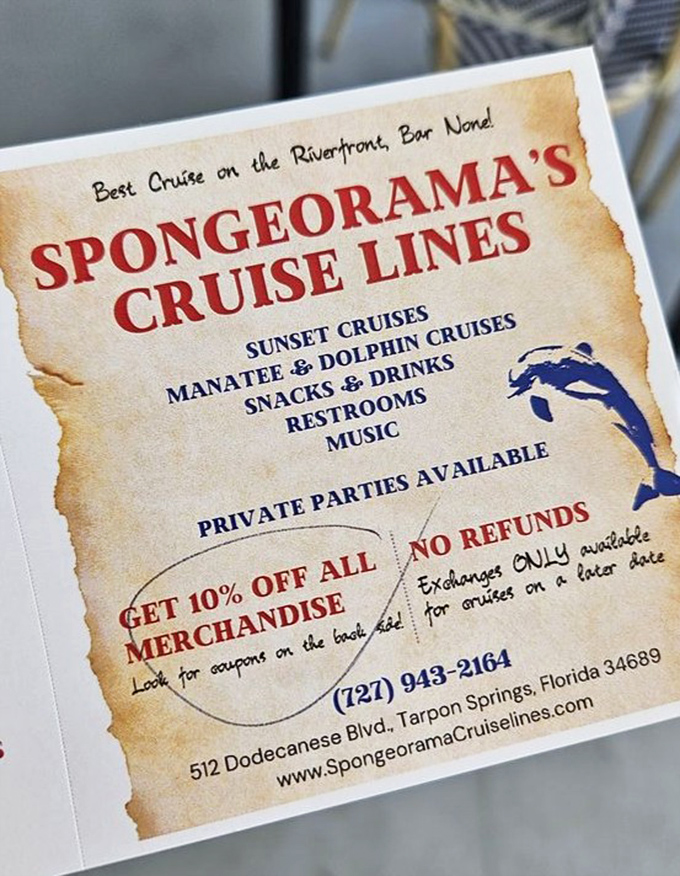 Spongeorama's cruise line flyer promises aquatic adventures beyond the shop &ndash; dolphins included, seasickness optional!