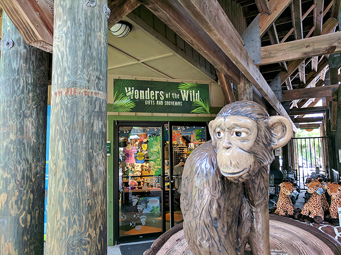 Jungle market: The "Wonders of the Wild" gift shop, guarded by a cheeky monkey sculpture, offers treasures for wildlife enthusiasts of all ages.