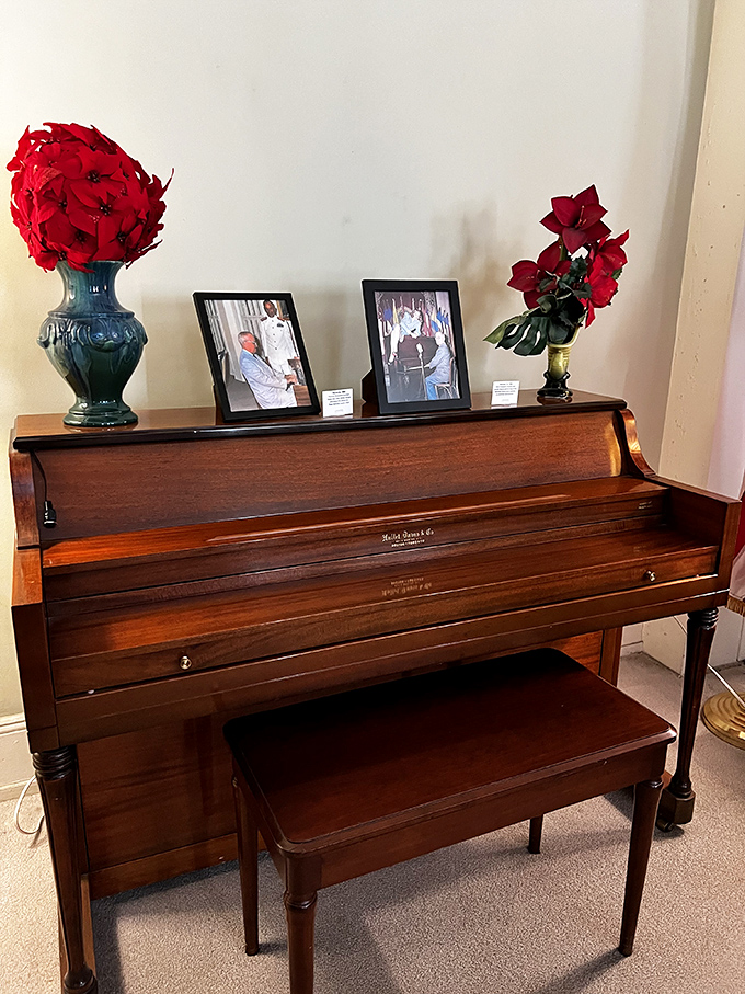 The piano corner offers a glimpse into Truman's personal life, where family photos and music provided respite from the burdens of the Oval Office.