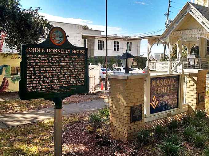 Historical marker: The weathered sign reveals snippets of the Donnelly House story, though the building holds secrets no plaque could contain.