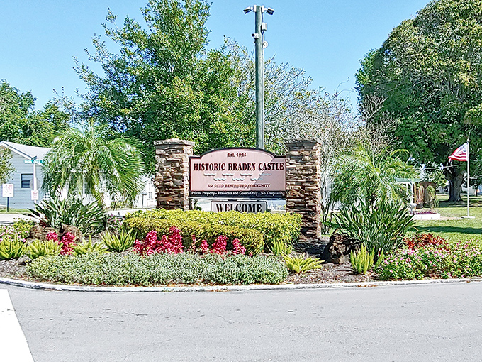 The welcoming entrance to Braden Castle Park combines modern landscaping with historical significance, inviting curious explorers to step back in time.