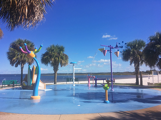 Children squeal with delight at the splash pad, where colorful water features create a symphony of joy against the backdrop of palm trees.