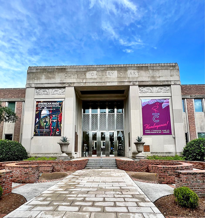 Colorful banners announce current exhibitions at the Cummer Museum, where art and nature blend seamlessly in Jacksonville's cultural jewel.