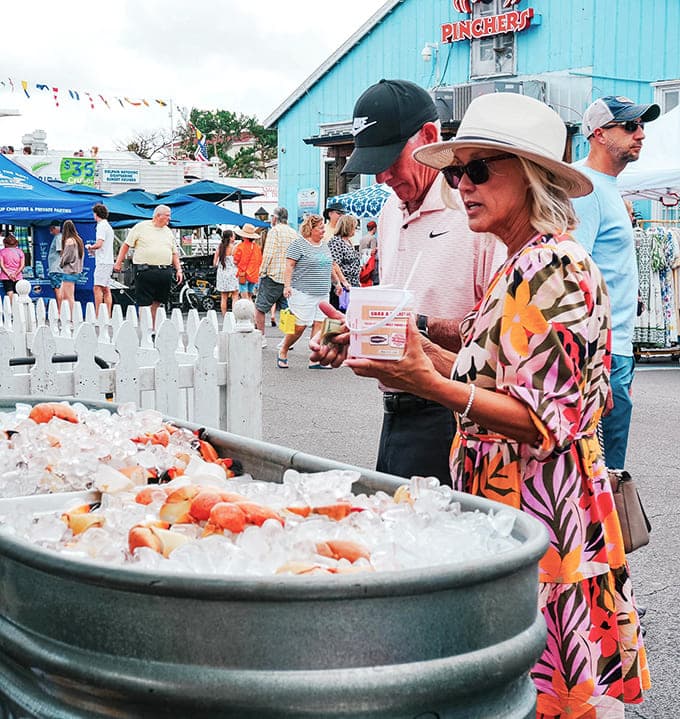 Fresh crab on ice gleams like ocean jewels, promising the kind of seafood feast that coastal Florida does better than anywhere.