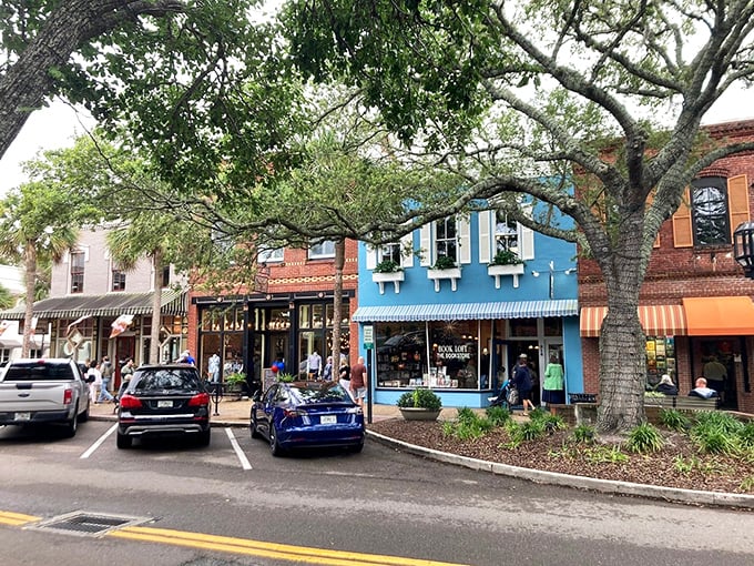 Motorcycles line Fernandina Beach's historic main street during a community event, showcasing the town's vibrant local culture.