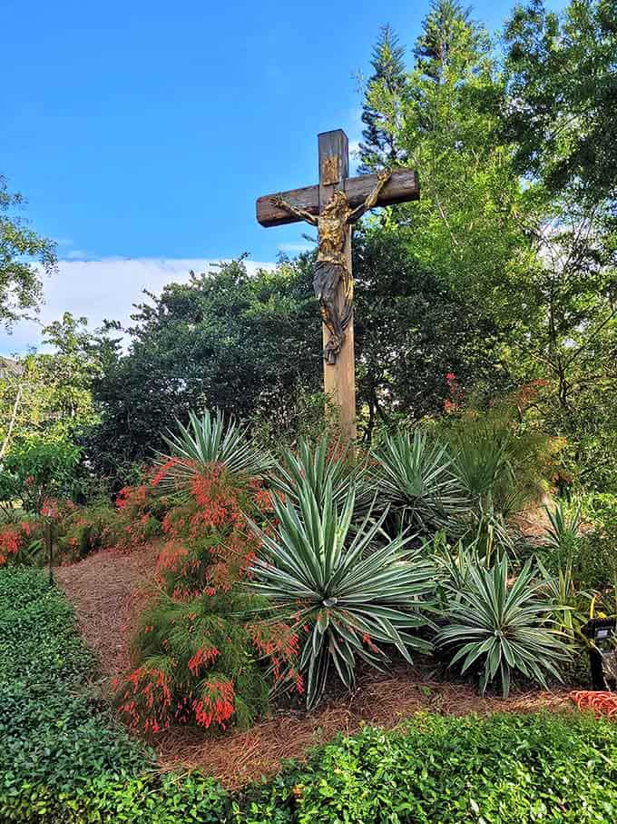 Rising triumphantly against the Florida sky, this golden crucifix catches the light like it's auditioning for a miracle.
