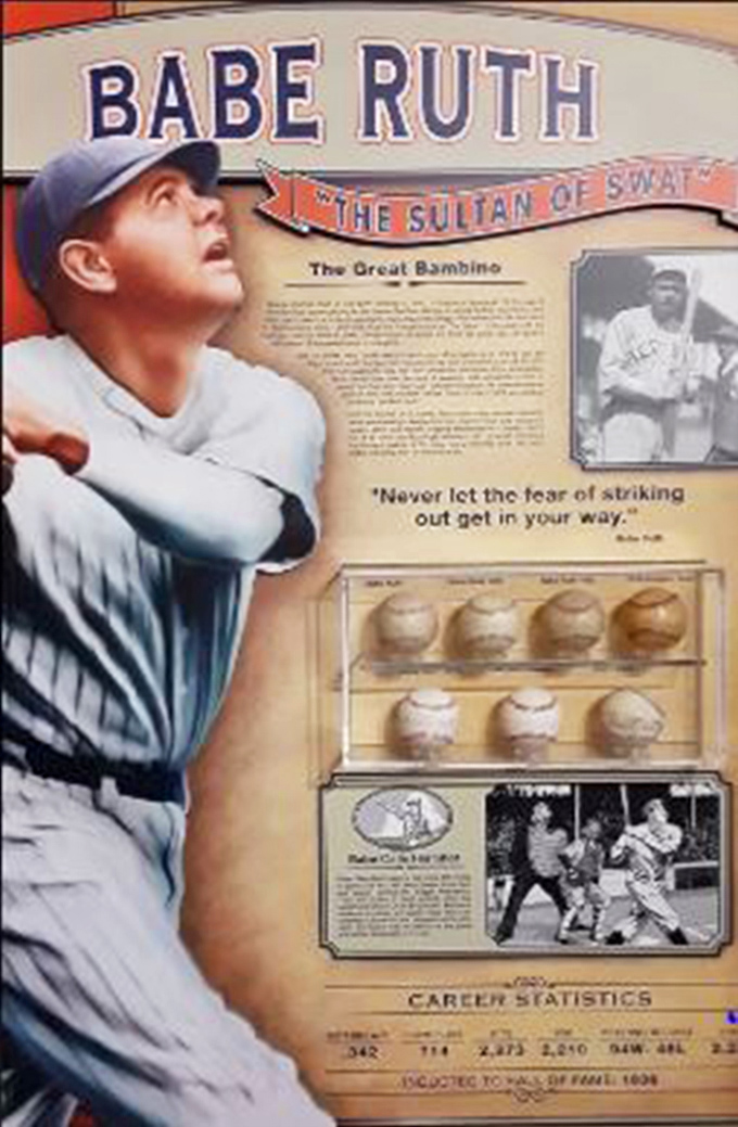 The Babe Ruth exhibit features the Sultan of Swat himself, looking confident enough to hit a home run through time.