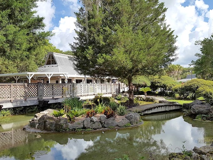 The peaceful boardwalk winds around lush gardens and tranquil ponds, offering moments of serenity between aquatic adventures.