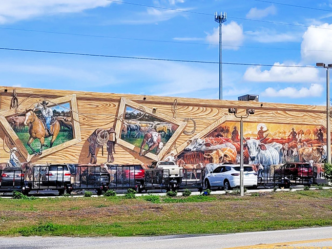 Framed snapshots of cowboy life create a wooden gallery effect in this clever trompe l'oeil cattle-themed masterpiece.