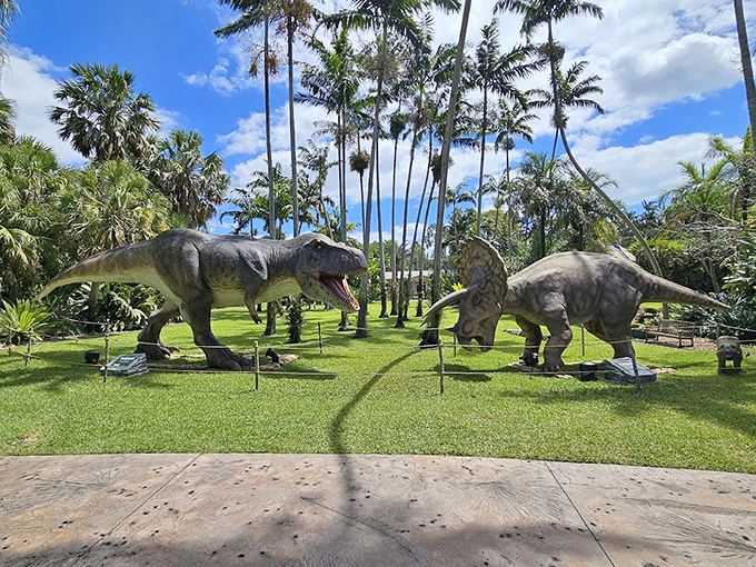 "Excuse me, sir, but your dinosaurs are loose in the garden again." Prehistoric creatures bring Jurassic thrills to botanical exploration.