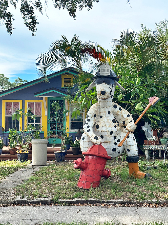This dalmatian firefighter sculpture stands guard with whimsical authority &ndash; Safety Harbor's most colorful first responder never misses a hydrant.