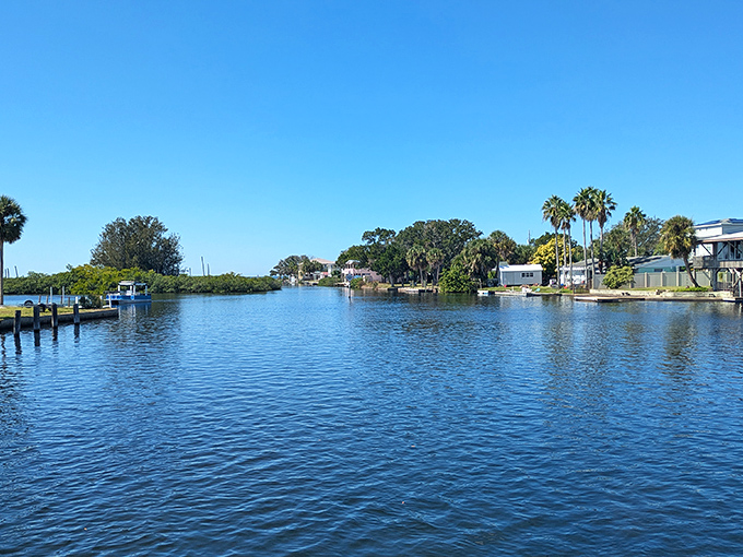 Hammock Creek's glassy surface mirrors waterfront homes, creating a double vision of Aripeka's peaceful waterfront lifestyle.