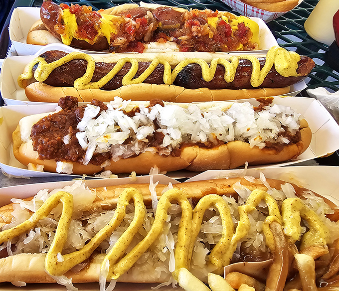 A rainbow of hot dog possibilities &ndash; each one a different pathway to satisfaction, from chili-cheese decadence to mustard-topped simplicity.